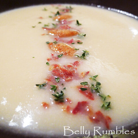 White Onion Veloute with Crisp Confit Garlic & Prosciutto Crumb Recipe