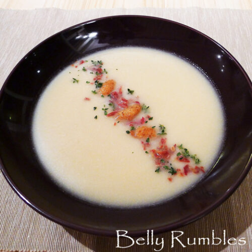 White Onion Veloute with Crisp Confit Garlic & Prosciutto Crumb Recipe