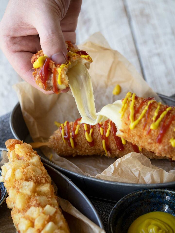 Super Cheesy Korean Corn Dogs - Gamja Hot Dog - Belly Rumbles